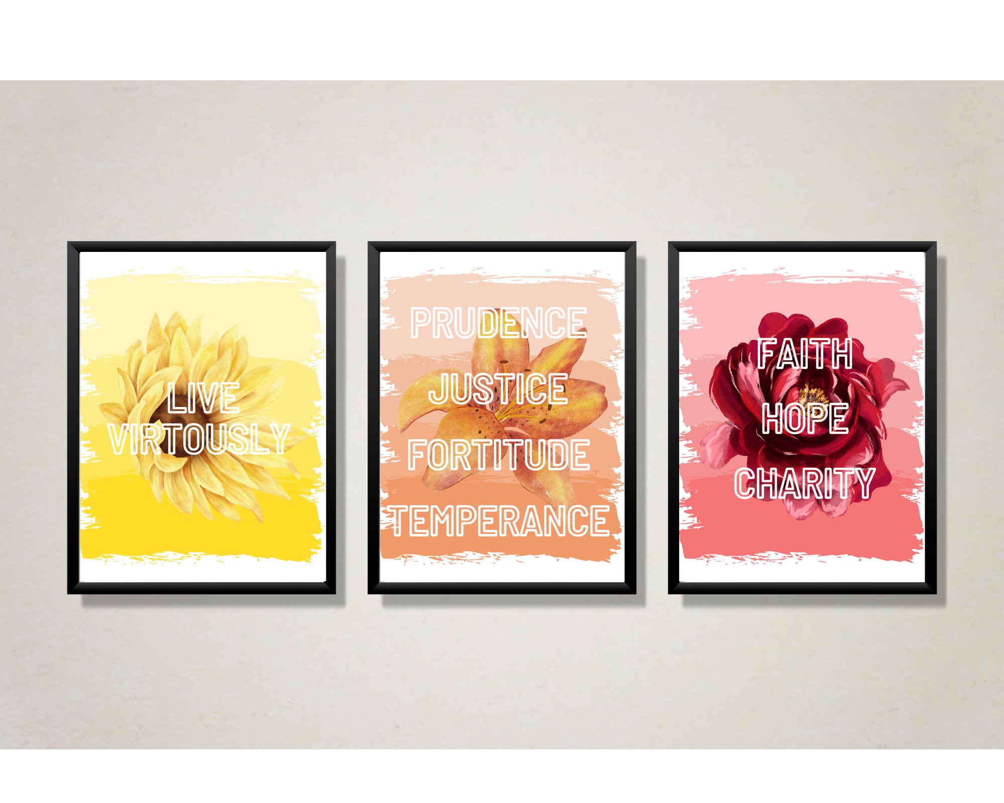 Set of 3 7 Heavenly Virtues With Flower Background Catholic Digital ...