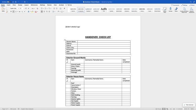 Construction / Builders Check Sheet - Etsy