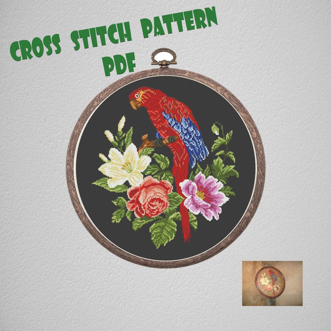 Vintage Cross Stitch Pattern Macaw and Lily Instant Pdf Download Roses ...