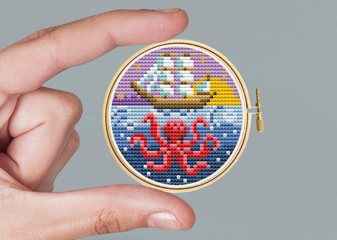 Octopus and the Ship Miniature Cross Stitch Pattern Ocean Embroidery ...