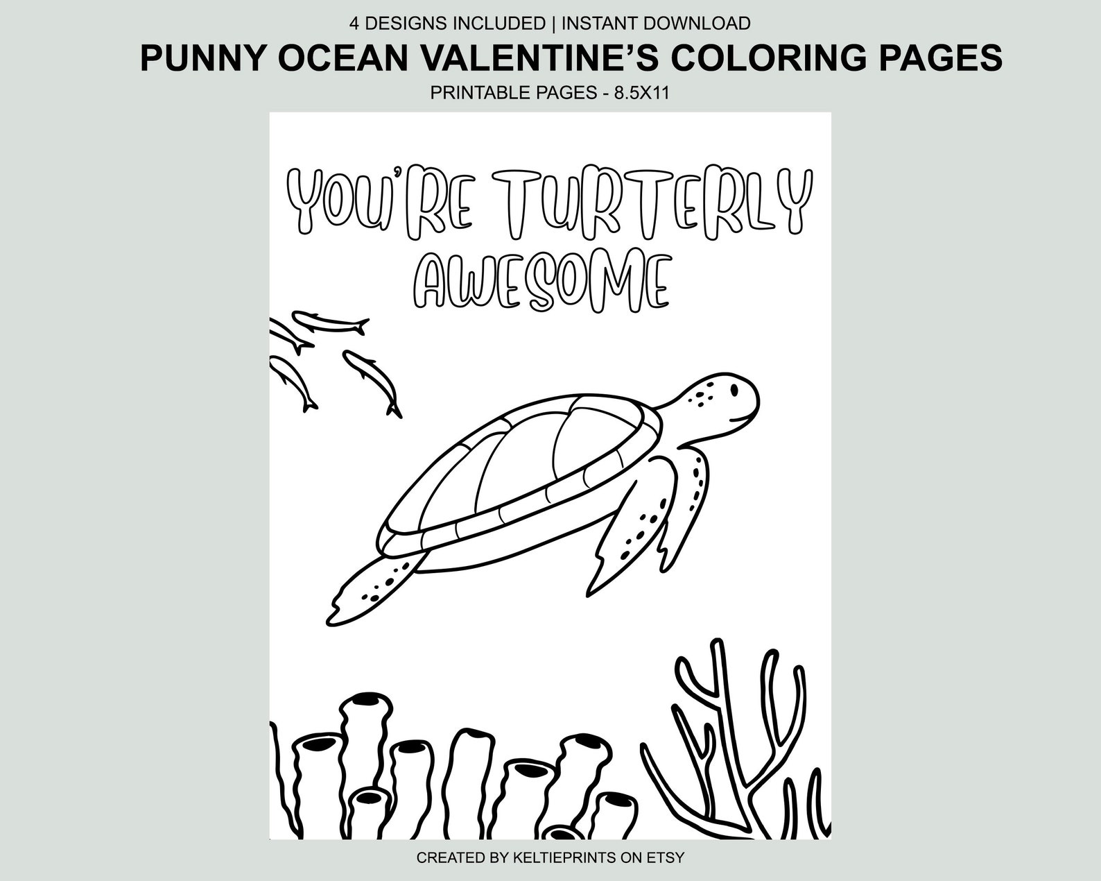 4 Pack Valentine Ocean Coloring Pages for Kids, Kids Valentine Activity ...