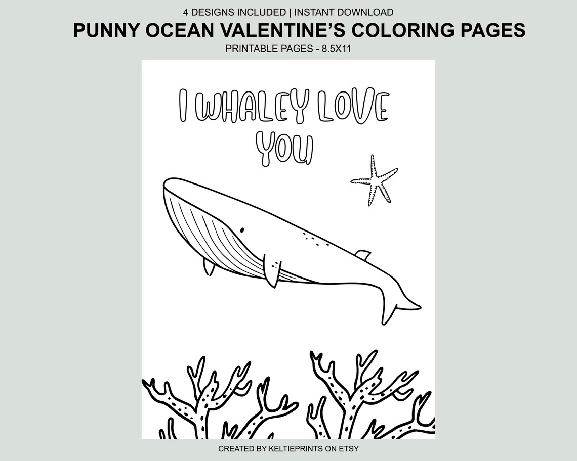 4 Pack Valentine Ocean Coloring Pages for Kids, Kids Valentine Activity ...