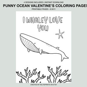 4 Pack Valentine Ocean Coloring Pages for Kids, Kids Valentine Activity ...