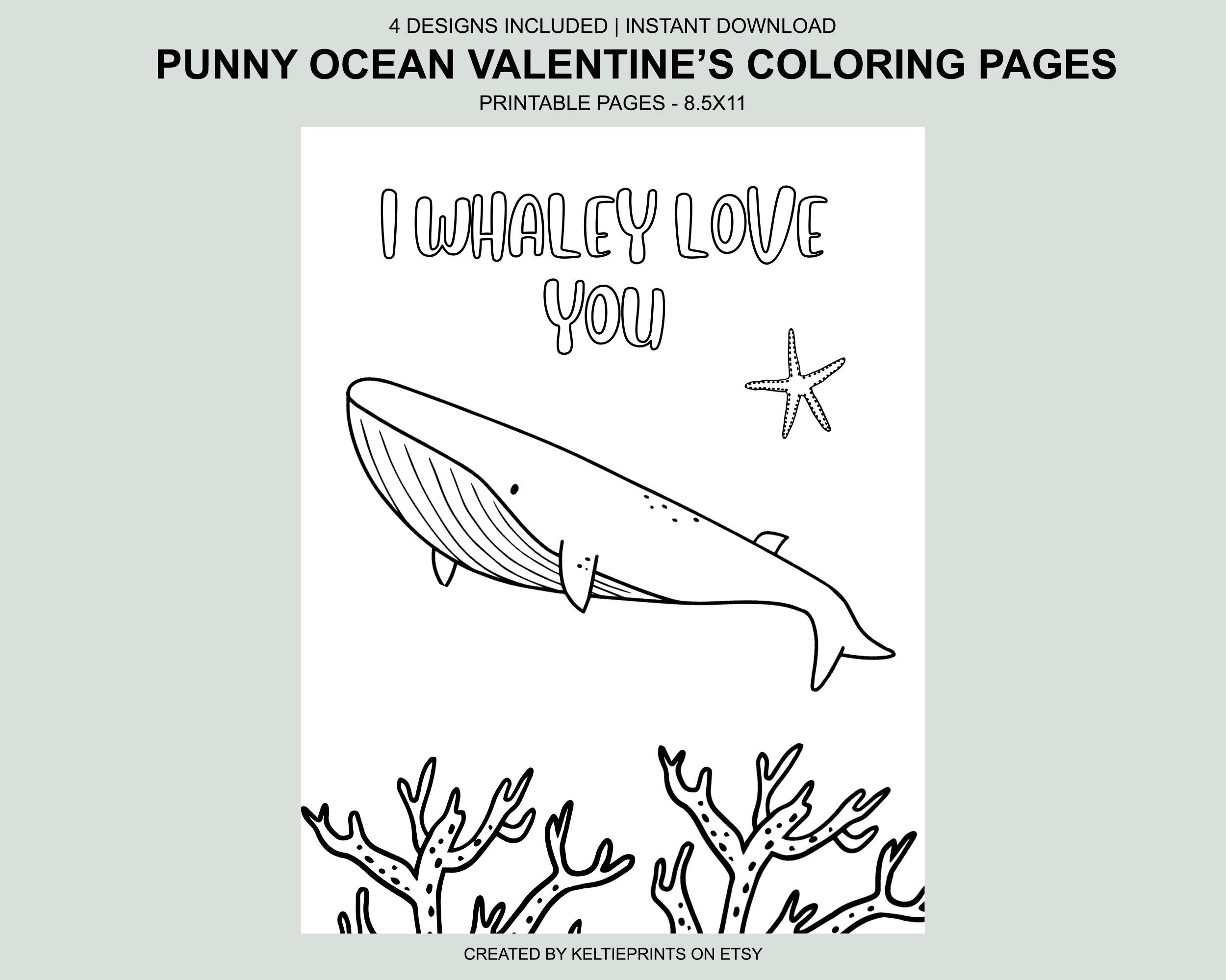 4 Pack Valentine Ocean Coloring Pages for Kids, Kids Valentine Activity ...
