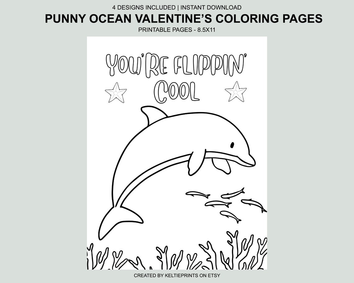 4 Pack Valentine Ocean Coloring Pages for Kids, Kids Valentine Activity ...