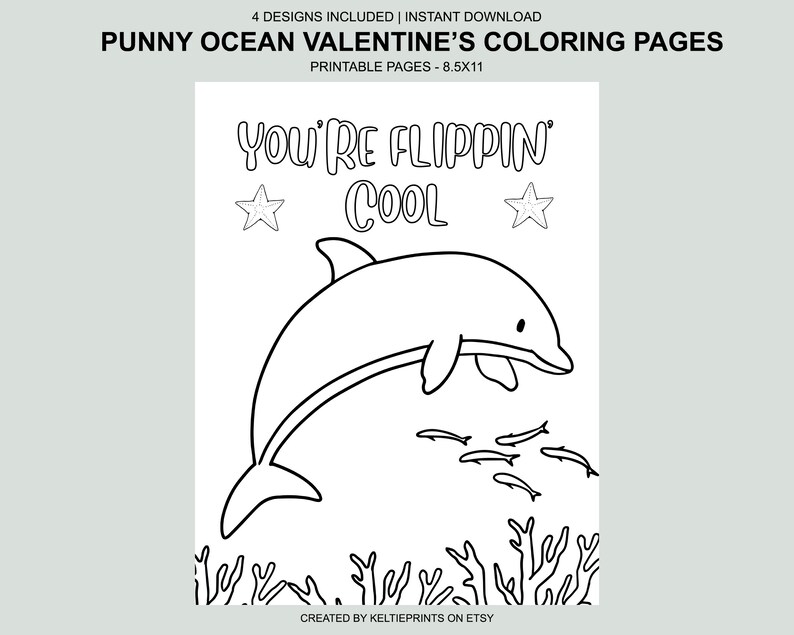 4 Pack Valentine Ocean Coloring Pages for Kids, Kids Valentine Activity ...