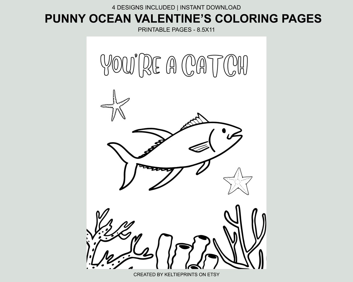 4 Pack Valentine Ocean Coloring Pages for Kids, Kids Valentine Activity ...