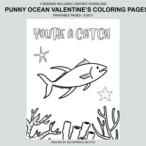 4 Pack Valentine Ocean Coloring Pages for Kids, Kids Valentine Activity ...
