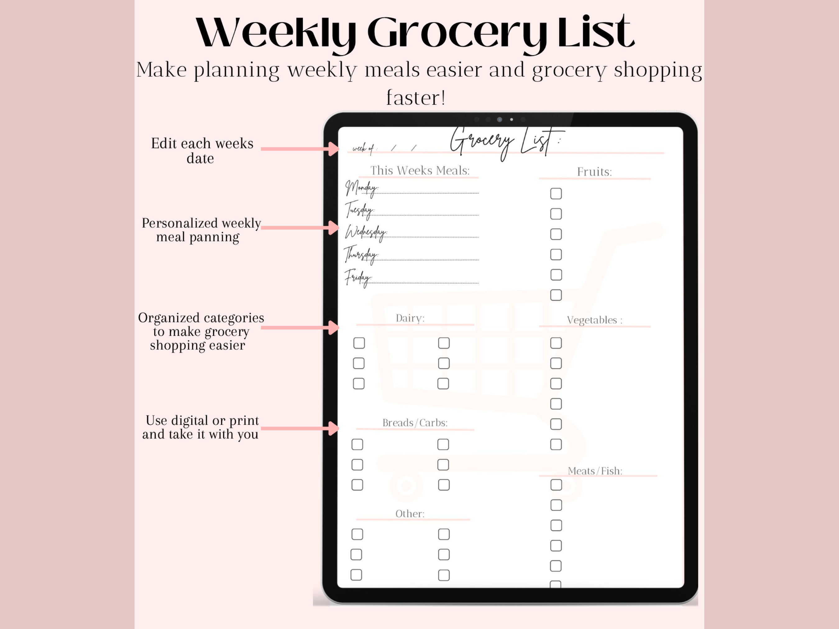 Grocery List Goodnotes Templet, Printable, A4 Document, PDF, Weekly ...