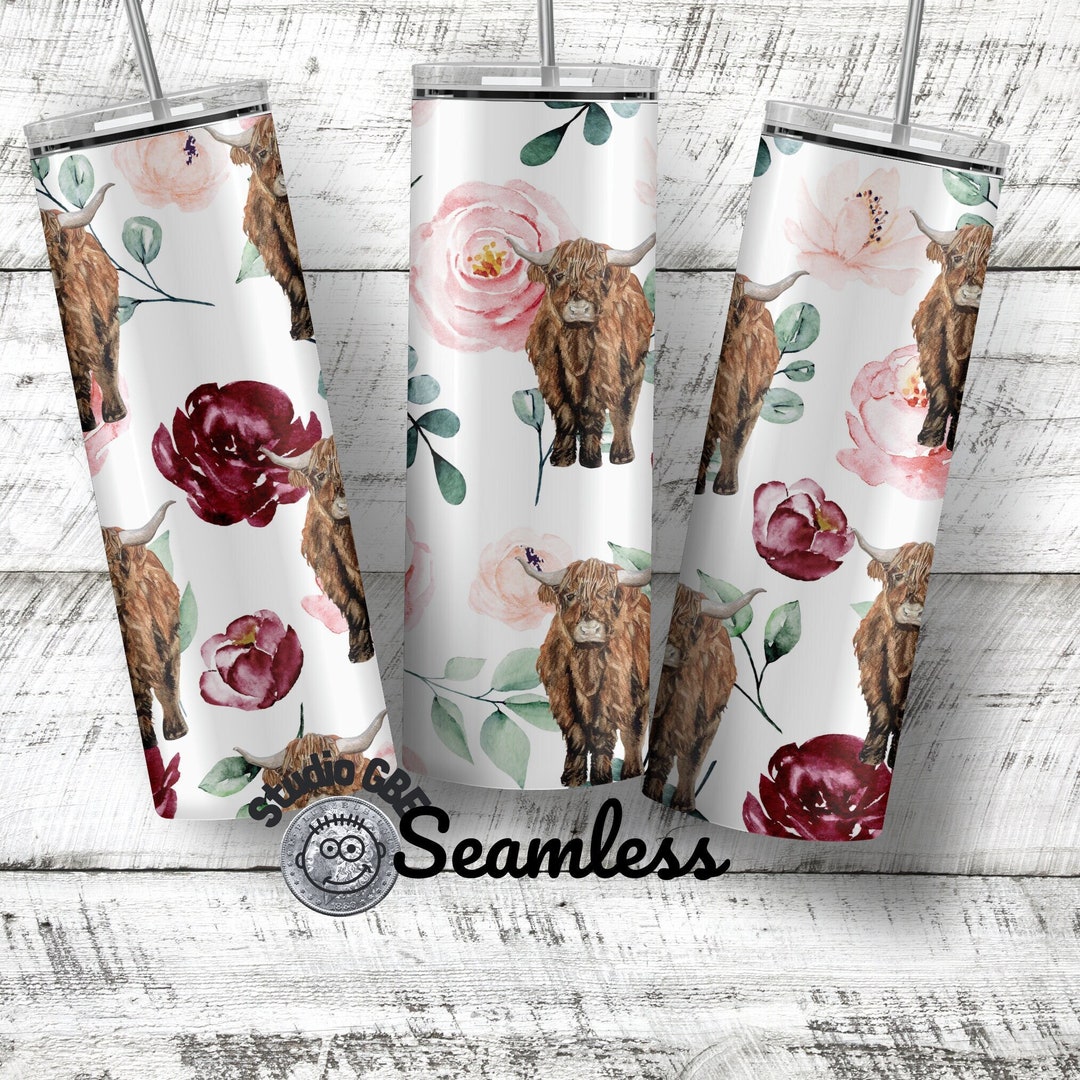 Seamless Highland Cow in the Roses Western Tumbler Wrap Watercolour PNG ...
