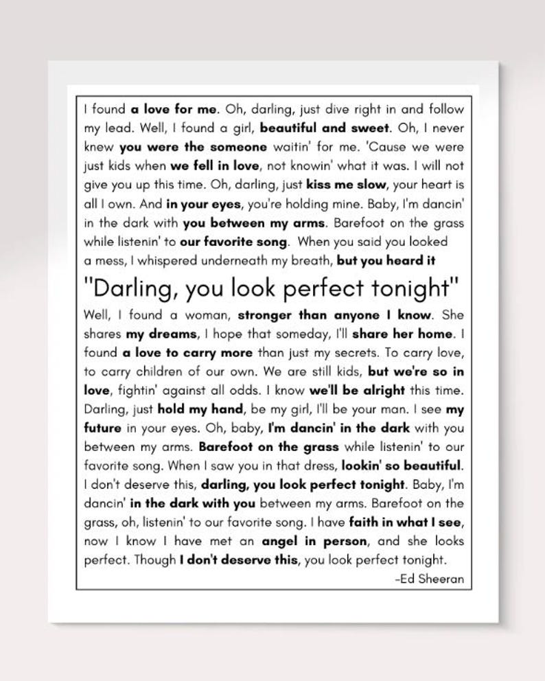 Perfect by Ed Sheeran Lyrics - 8x10 Print | Wedding Gift | Anniversary ...