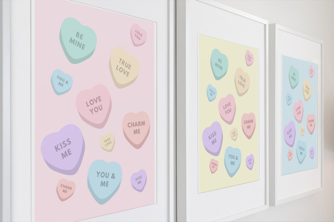 Candy Hearts Set of Three Digital Wall Art, Cute Valentines Home Decor ...