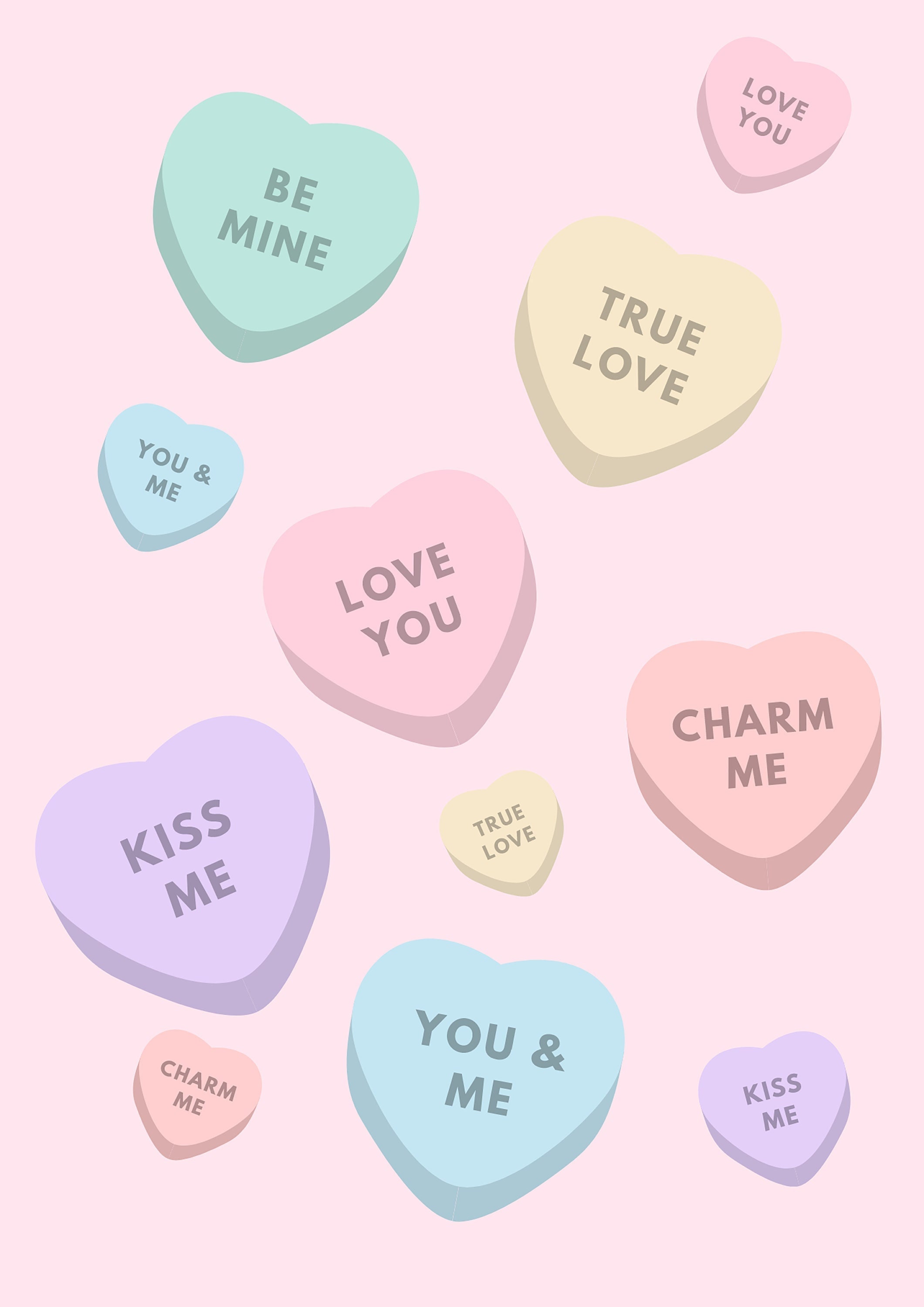 Candy Hearts Set of Three Digital Wall Art, Cute Valentines Home Decor ...