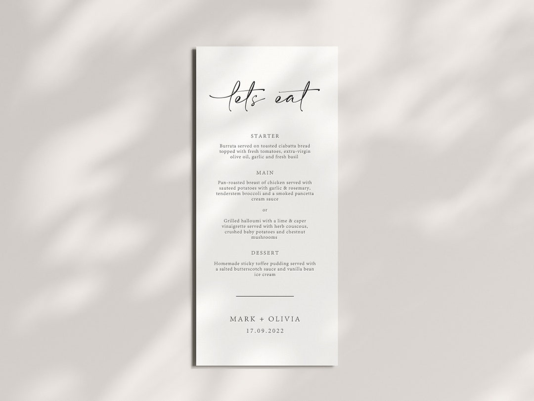 Simple Wedding Menu Template, Modern & Elegant Printable, Fully ...