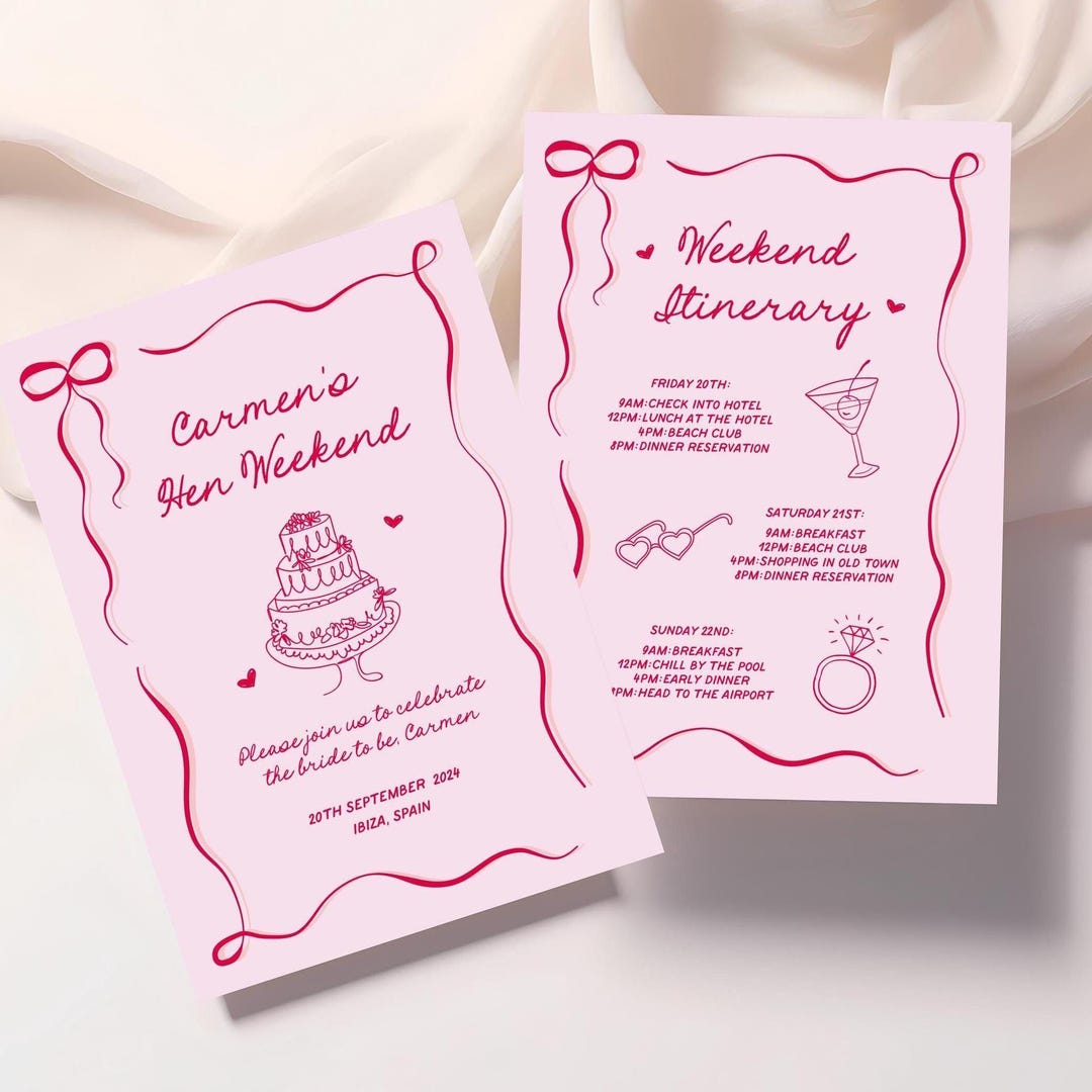 Hen Weekend Itinerary, Hand Drawn Pink Hen Party Template, Fun ...