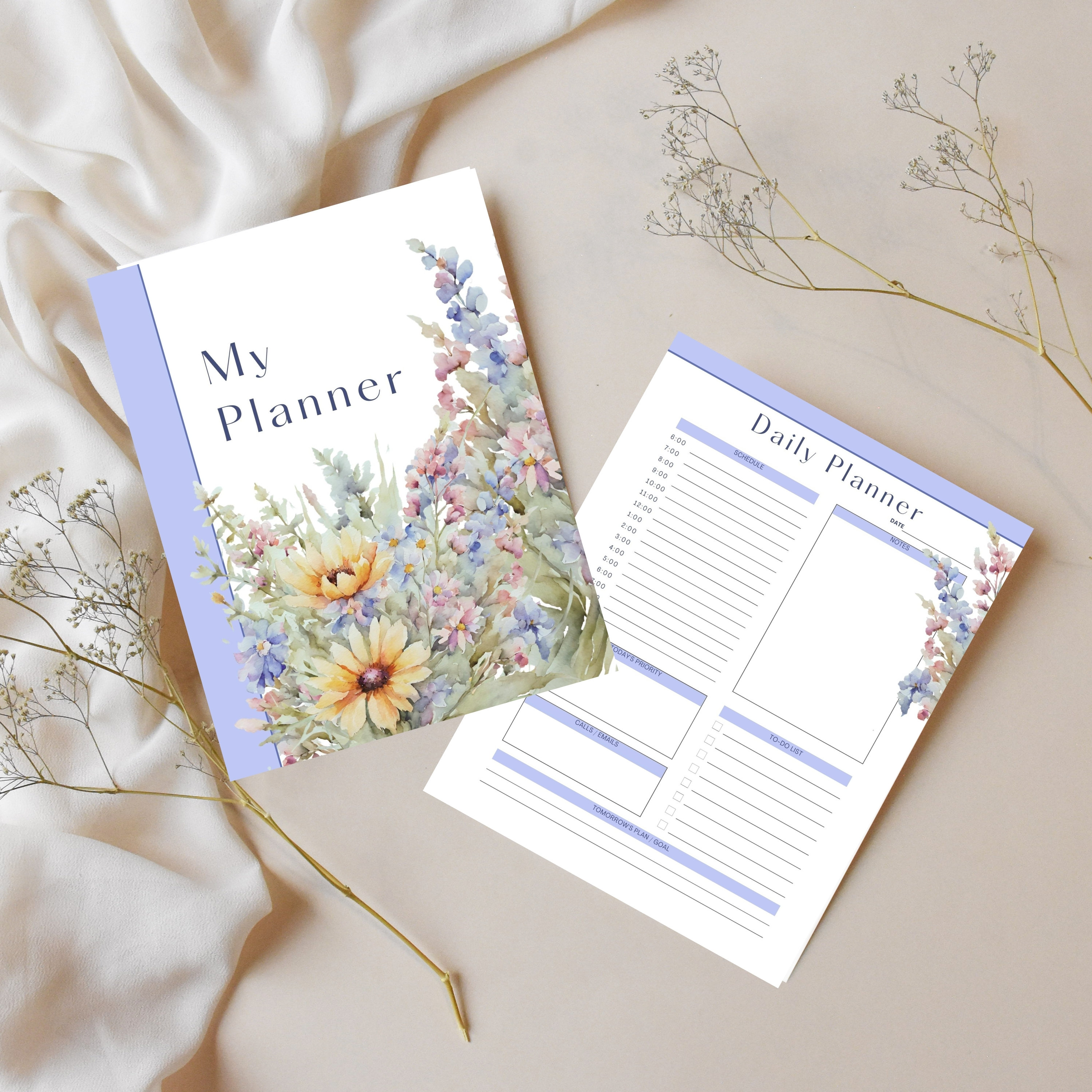 Blue Watercolor Floral Planner, Printable Undated Organizer, Elegant ...