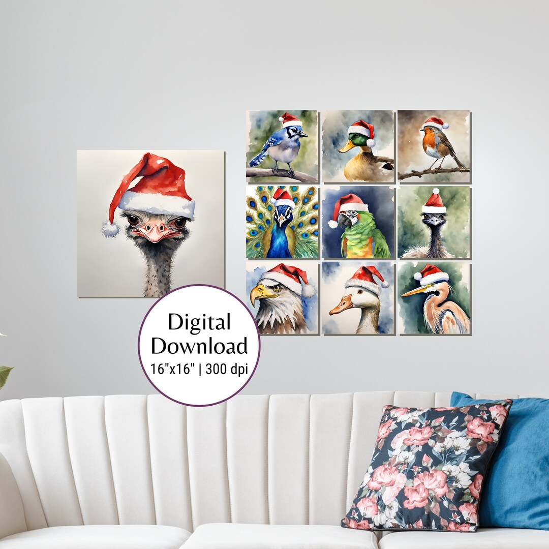 Santa Birds Printable Art Set Bird Illustrations for Holiday Decor ...