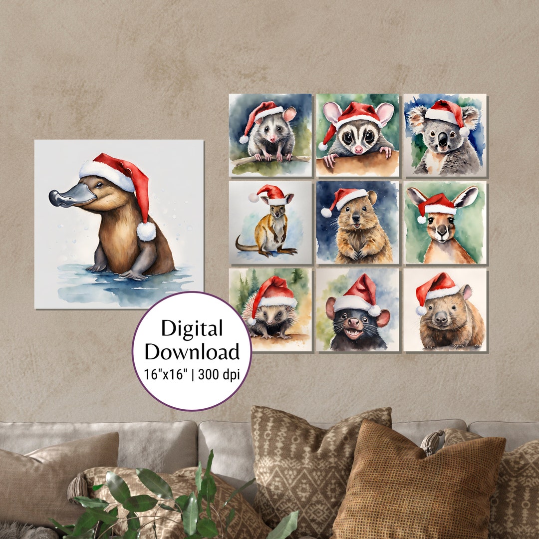 Santa Down Under Printable Art Set Santa Hat Animal Art - Etsy
