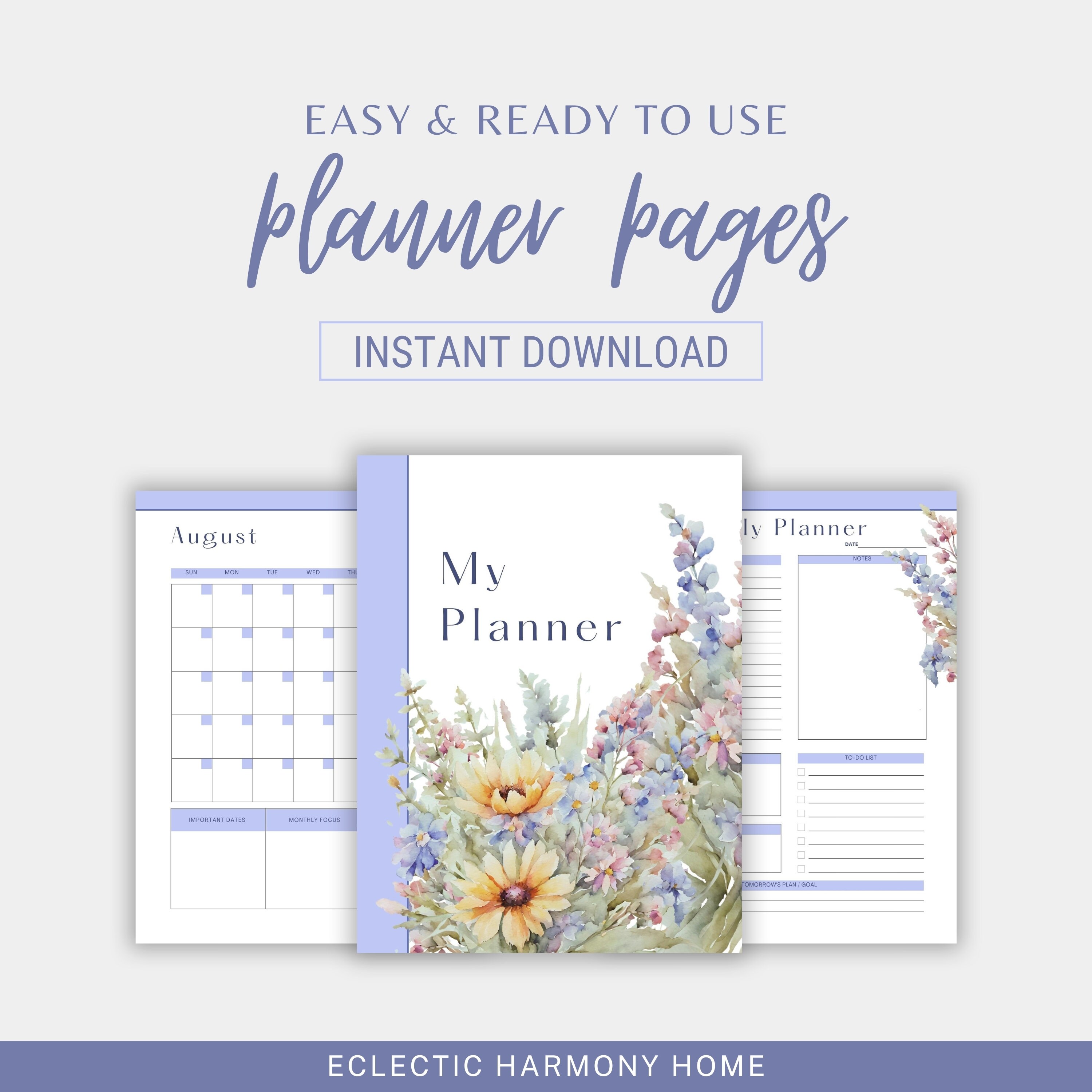 Blue Watercolor Floral Planner, Printable Undated Organizer, Elegant ...