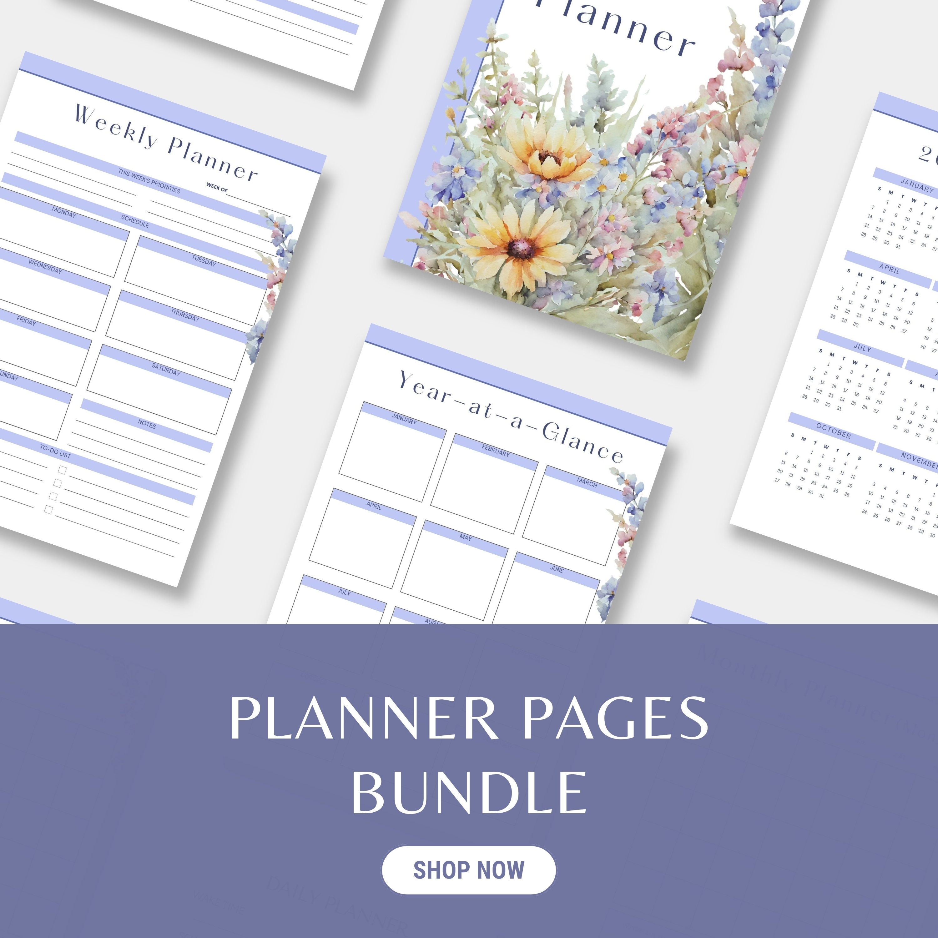 Blue Watercolor Floral Planner, Printable Undated Organizer, Elegant ...