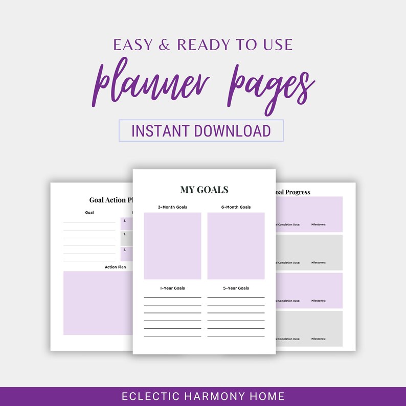 Purple Printable Goal Setting Planner, Undated Productivity Organizer ...