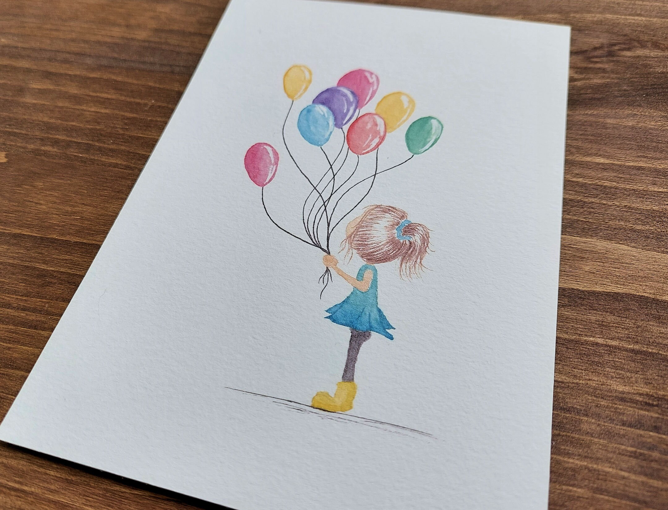 Hand Painted Card, Girl Birthday Greeting Card, Girl With Balloons ...