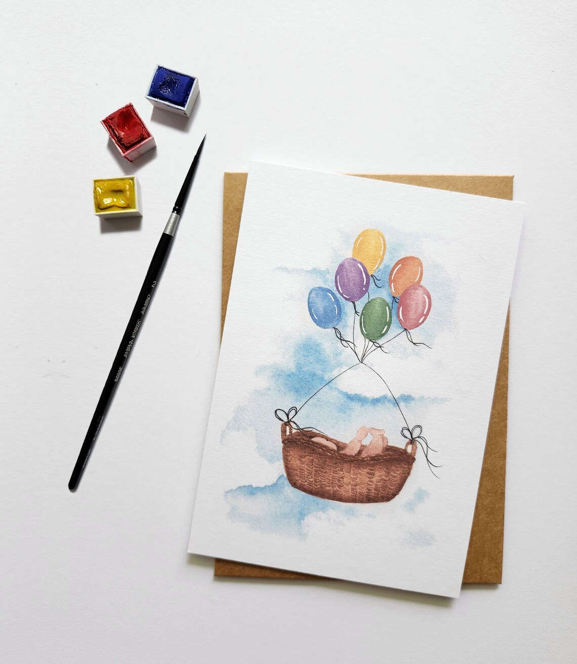 Hand Painted Card, Baby Shower Card, 1st Birthday Card, Baby in Basket ...