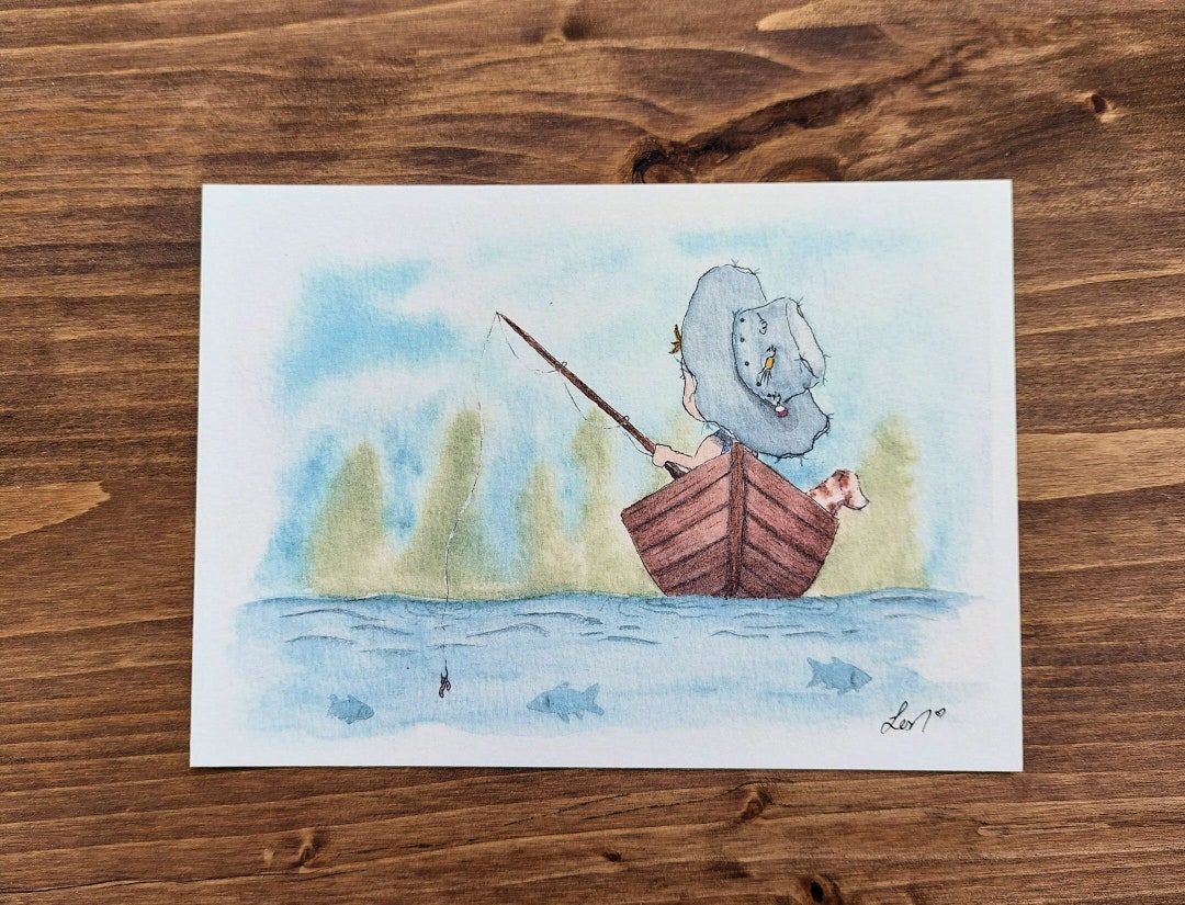 Hand Painted Card, Fishing on Lake Card, Man's Best Friend Card, Boy ...