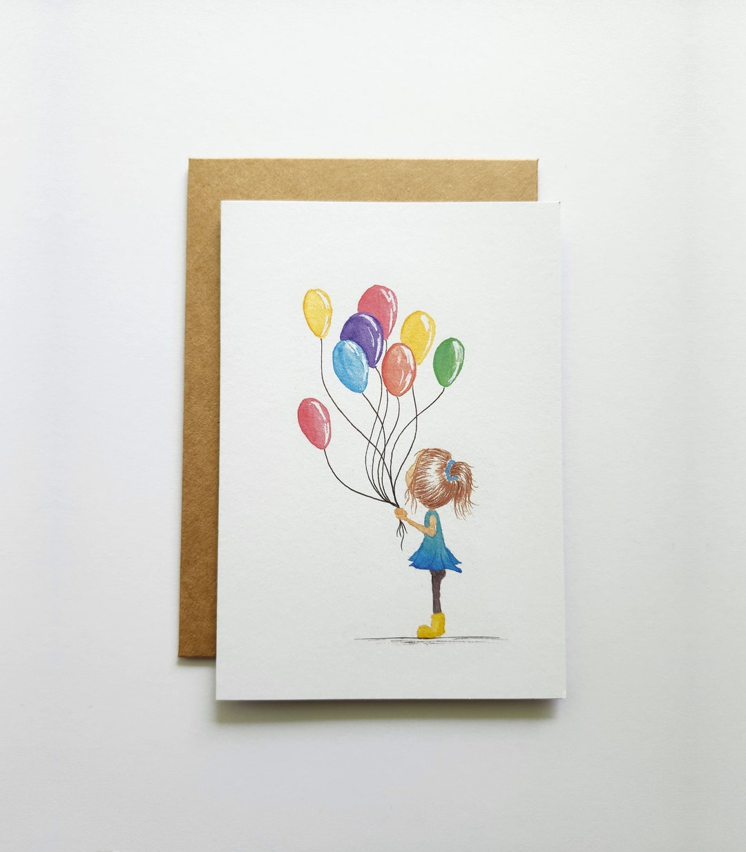 Hand Painted Card, Girl Birthday Greeting Card, Girl With Balloons ...