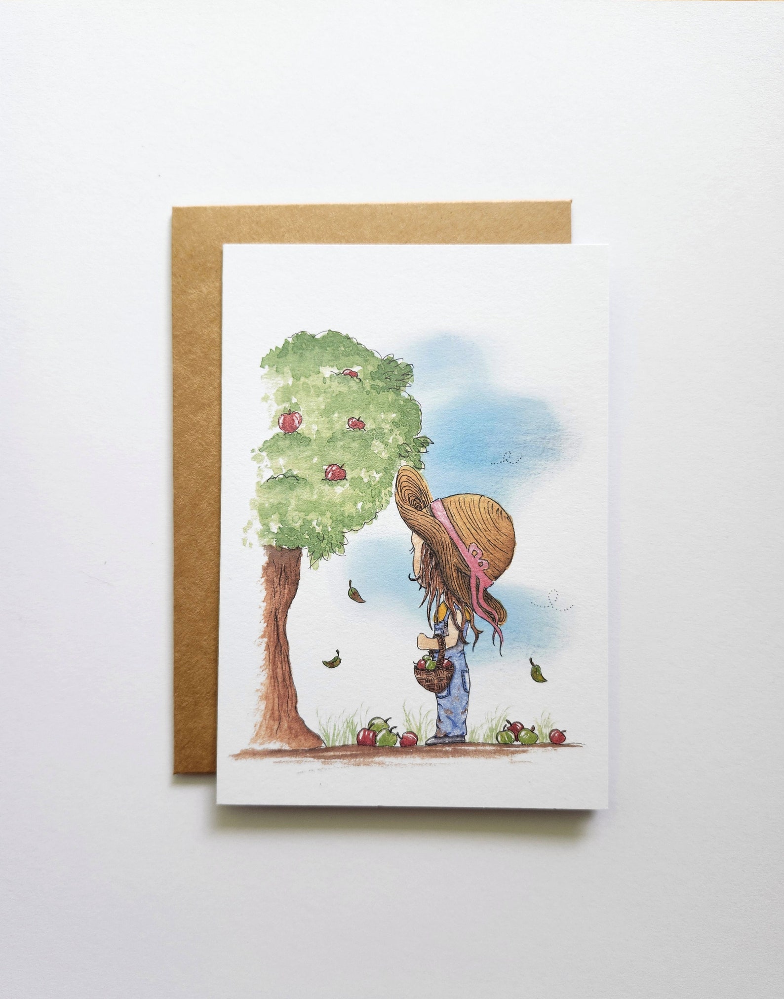 Hand Painted Card, Apple Tree Card, Basket of Apples, Thanksgiving Card ...