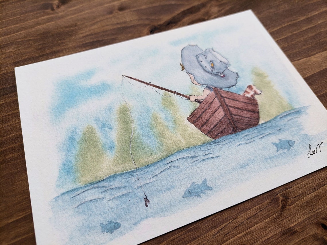 Hand Painted Card, Fishing on Lake Card, Man's Best Friend Card, Boy ...