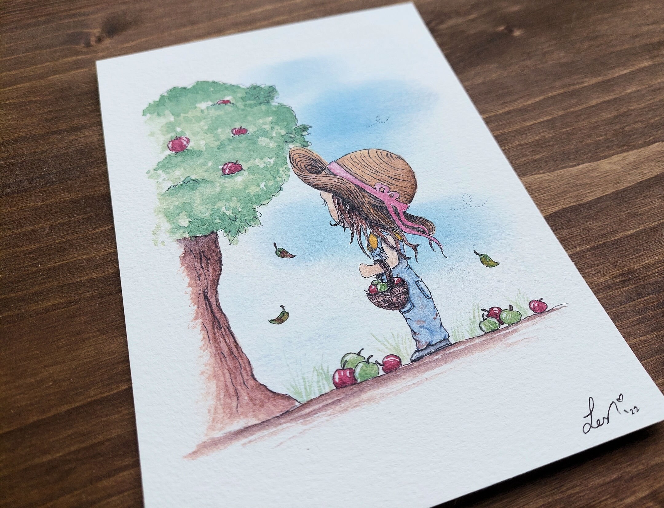 Hand Painted Card, Apple Tree Card, Basket of Apples, Thanksgiving Card ...