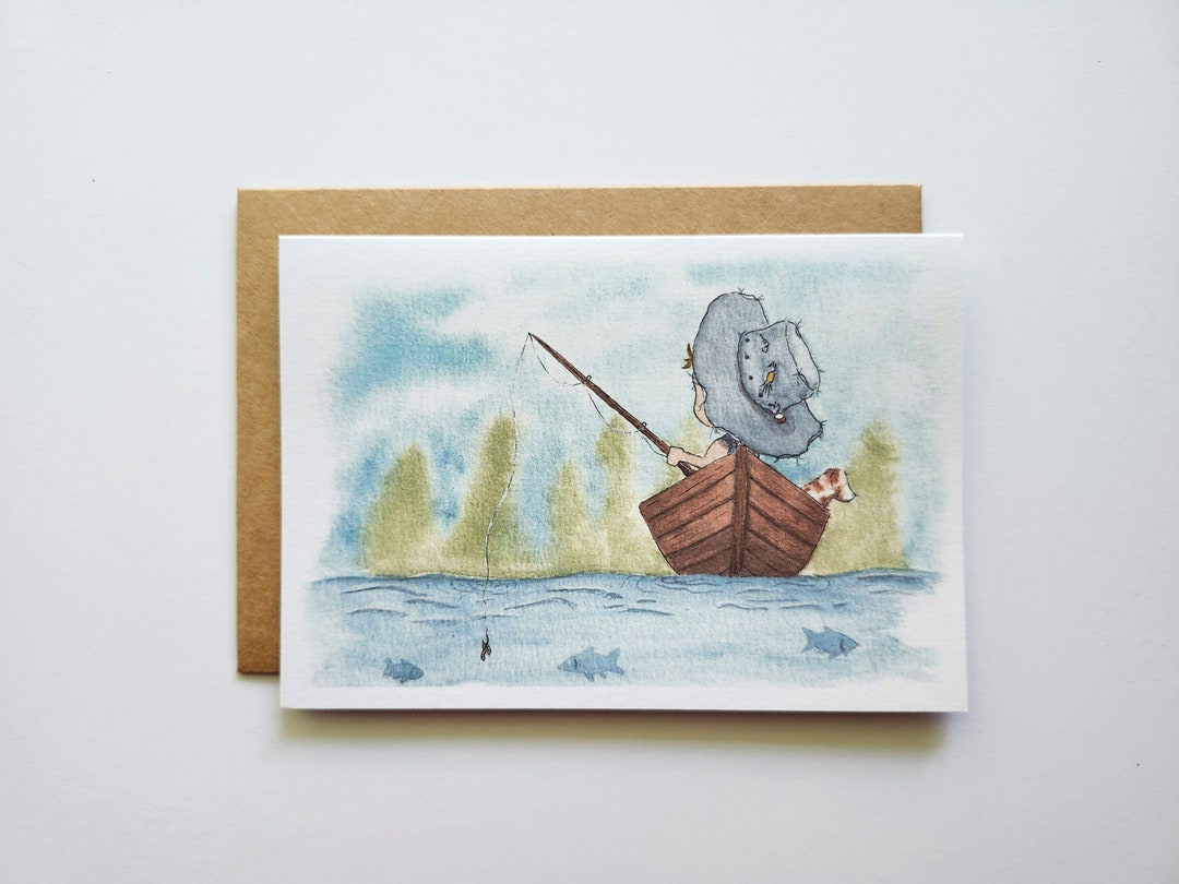 Hand Painted Card, Lake Fishing, Man's Best Friend, Boy With Dog ...