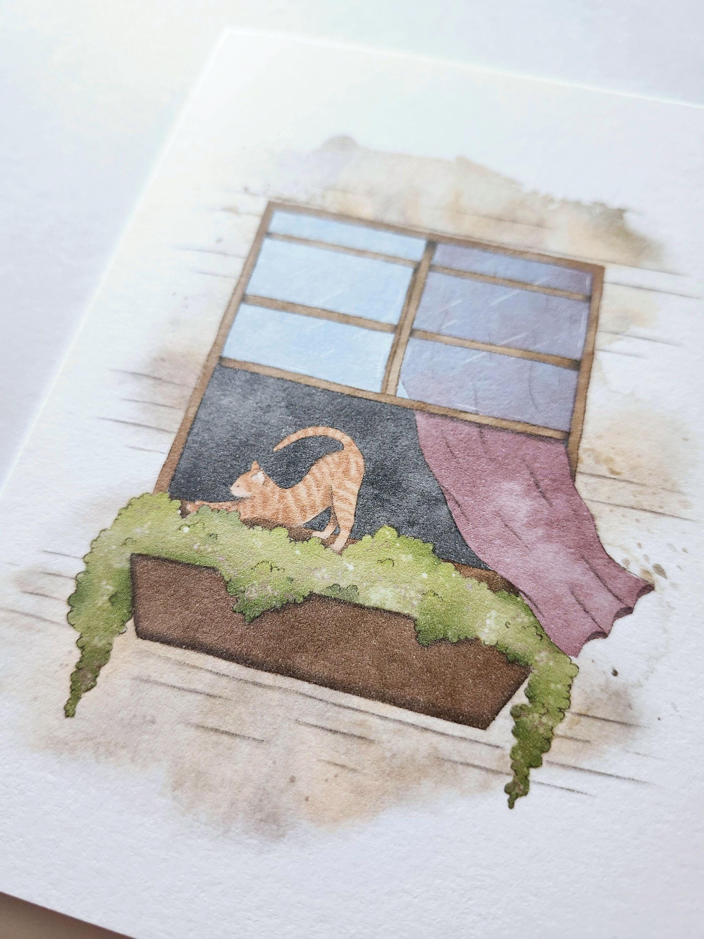 Hand Painted Card, Cat in Window, Daydreaming Ginger Cat - Etsy