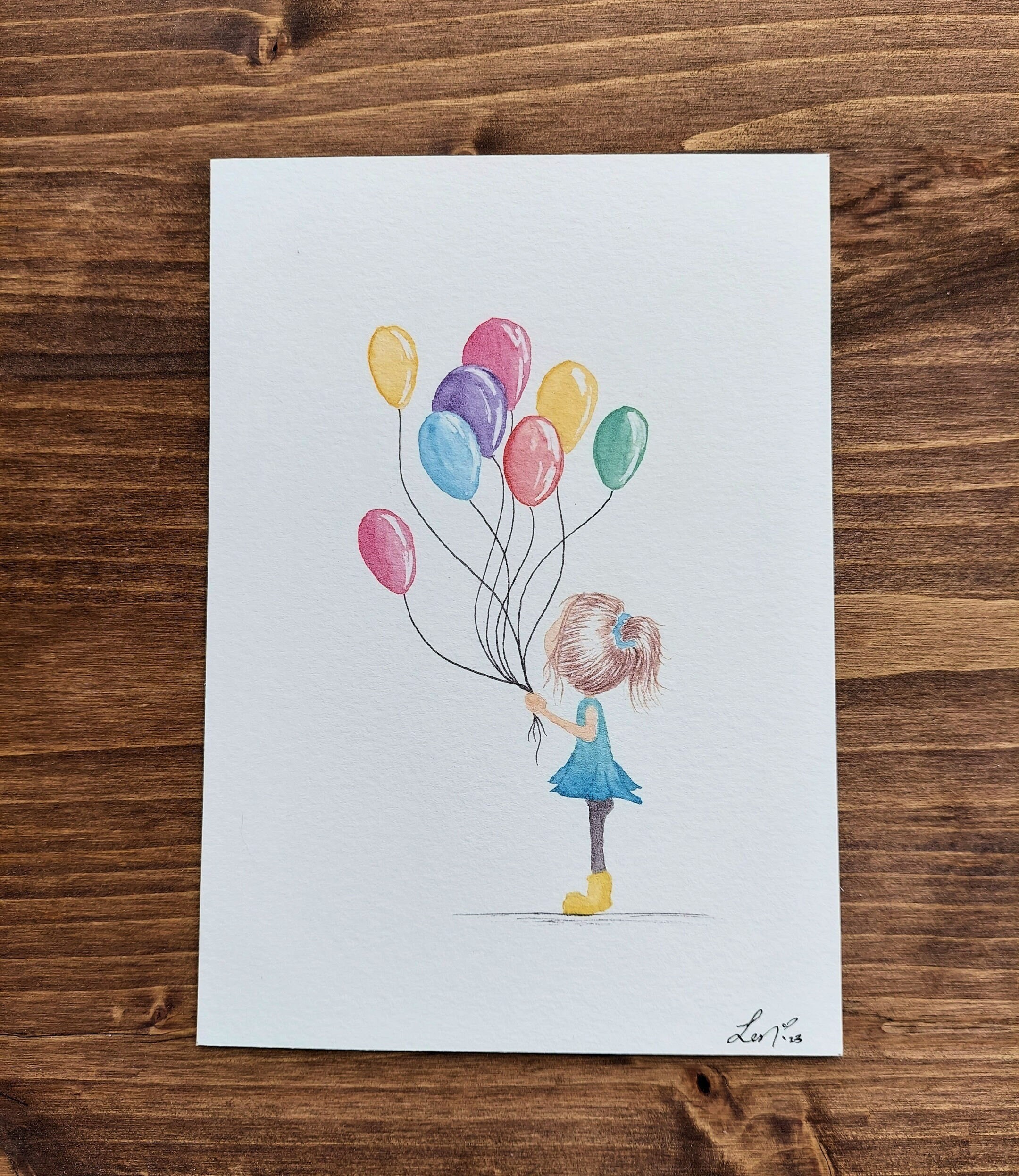 Hand Painted Card, Girl Birthday Greeting Card, Girl With Balloons ...