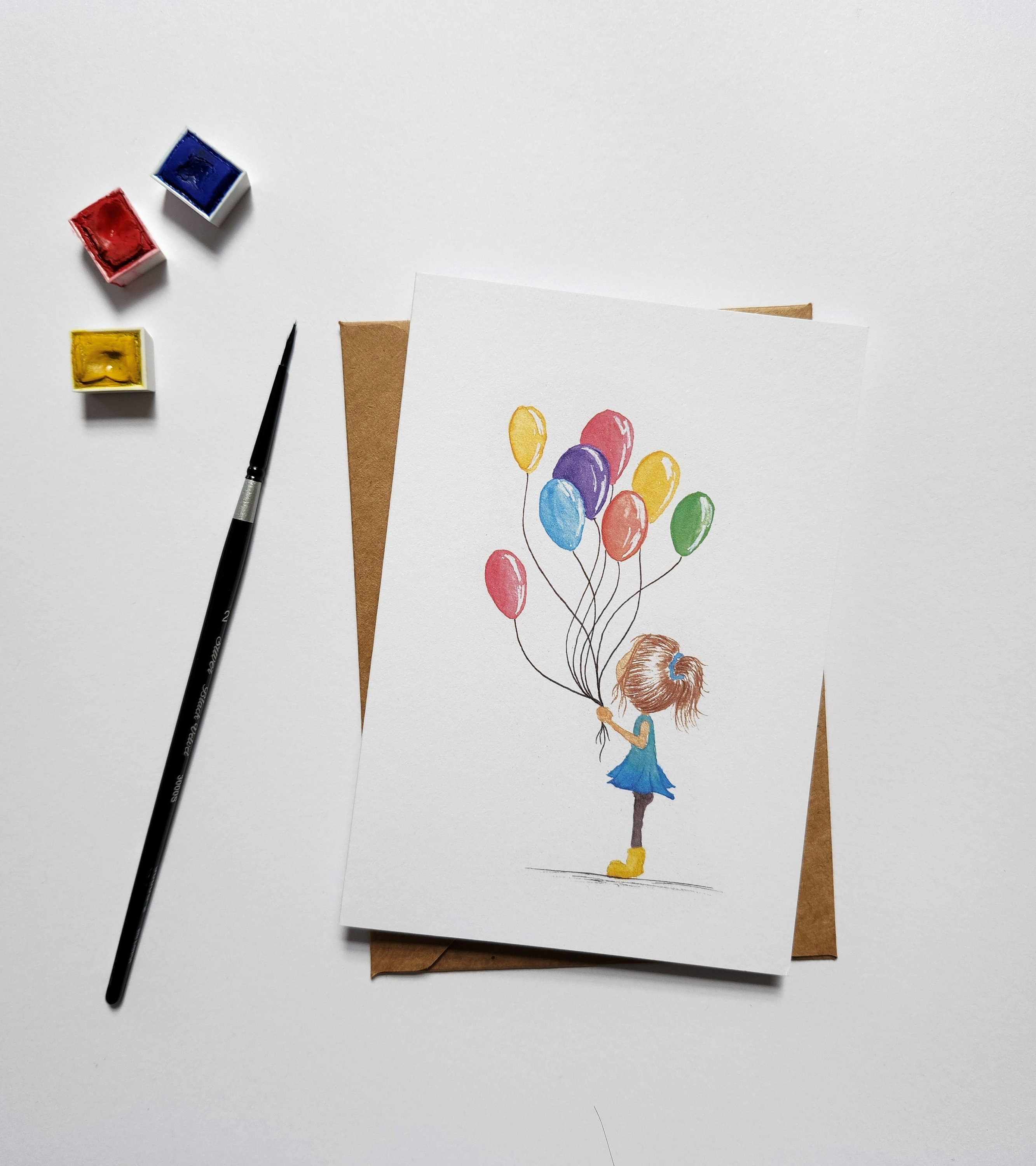 Hand Painted Card, Girl Birthday Greeting Card, Girl With Balloons ...