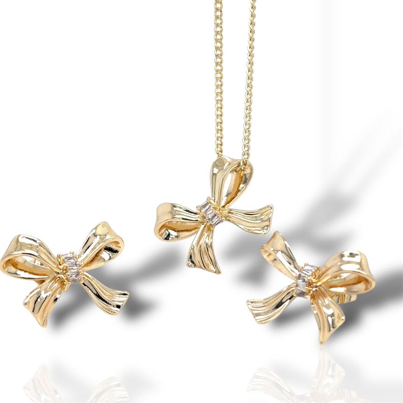 Gold-plated Bow Jewelry Set: Necklace & Stud Earrings - Etsy