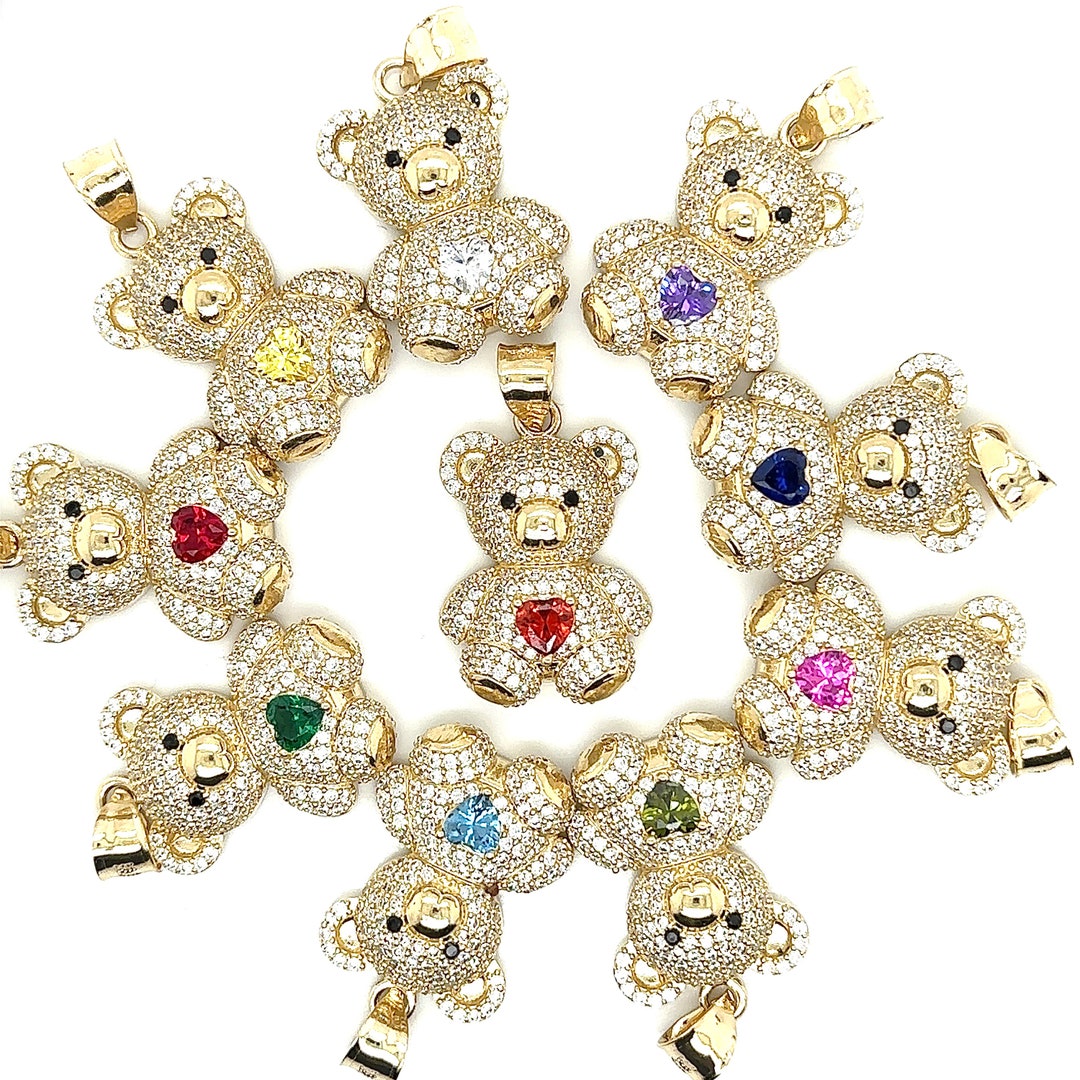 14K Real Gold Birthstone Teddy Bear Individual Pendant - Etsy