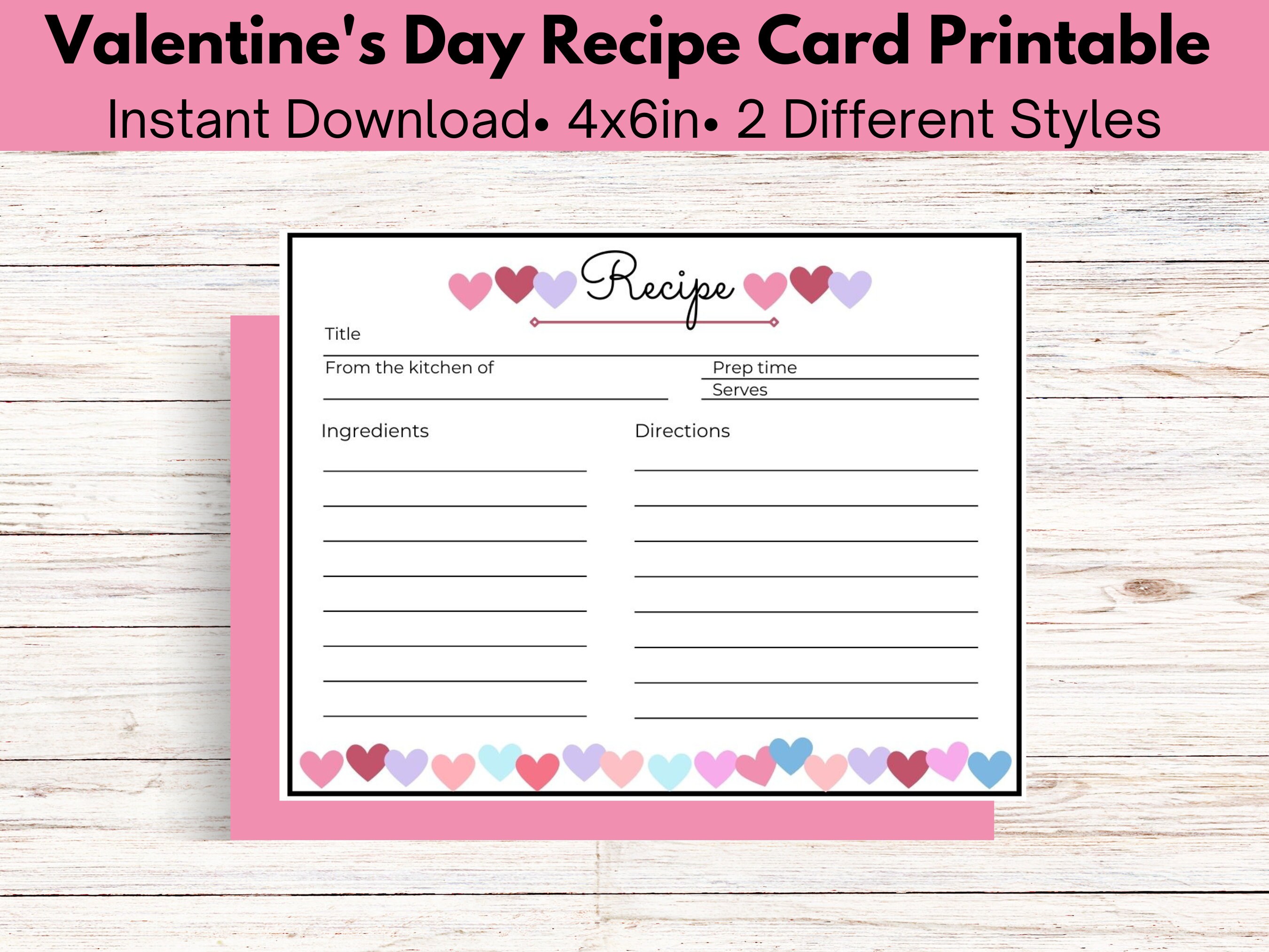 Valentine's Day Printable Recipe Card 4x6 DIY Recipe Card 2 Different ...