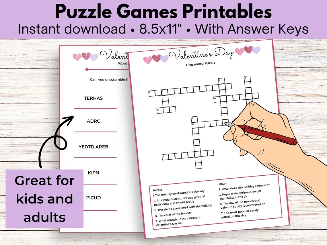 Valentine's Day Puzzle Game Bundle Word Search, Crossword Puzzle, and ...