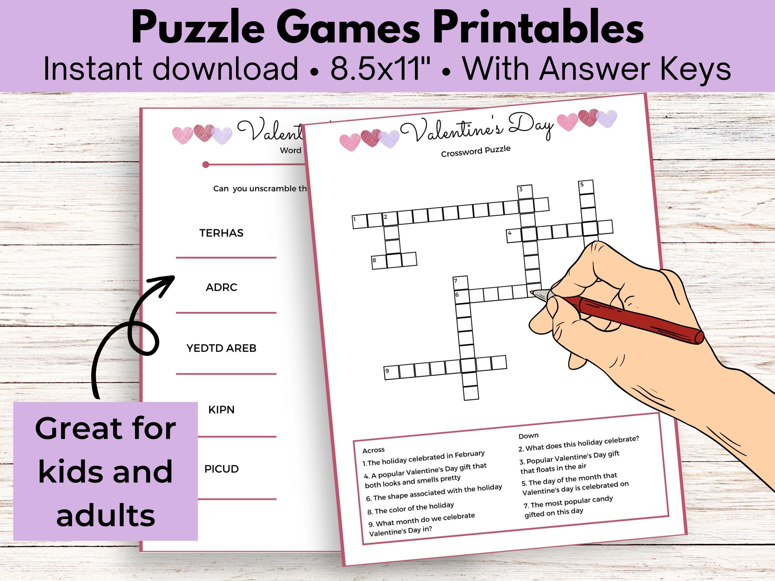 Valentine's Day Puzzle Game Bundle | Word Search, Crossword Puzzle, and ...