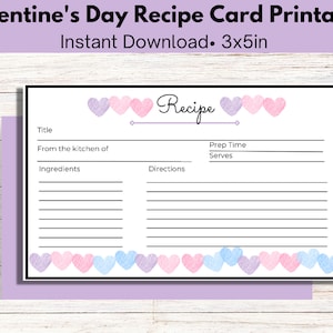 Valentine's Day Recipe Card Printable | 3x5 Recipe Card | Valentine's ...