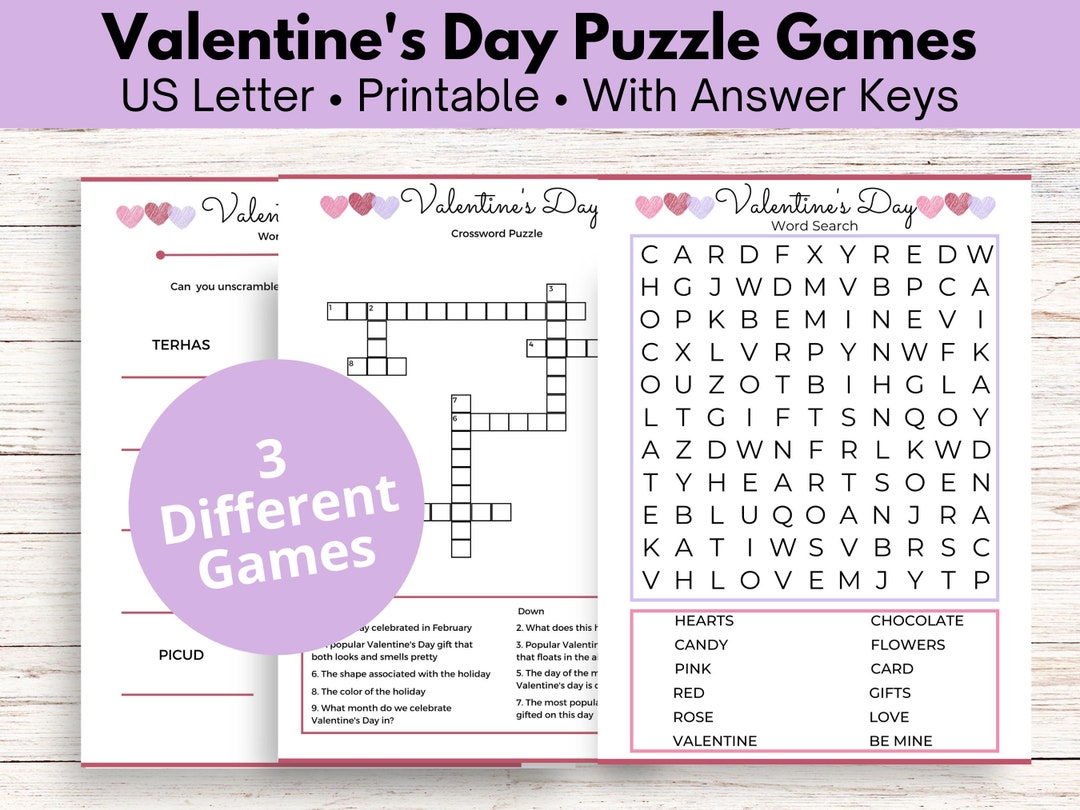 Valentine's Day Puzzle Game Bundle | Word Search, Crossword Puzzle, and ...
