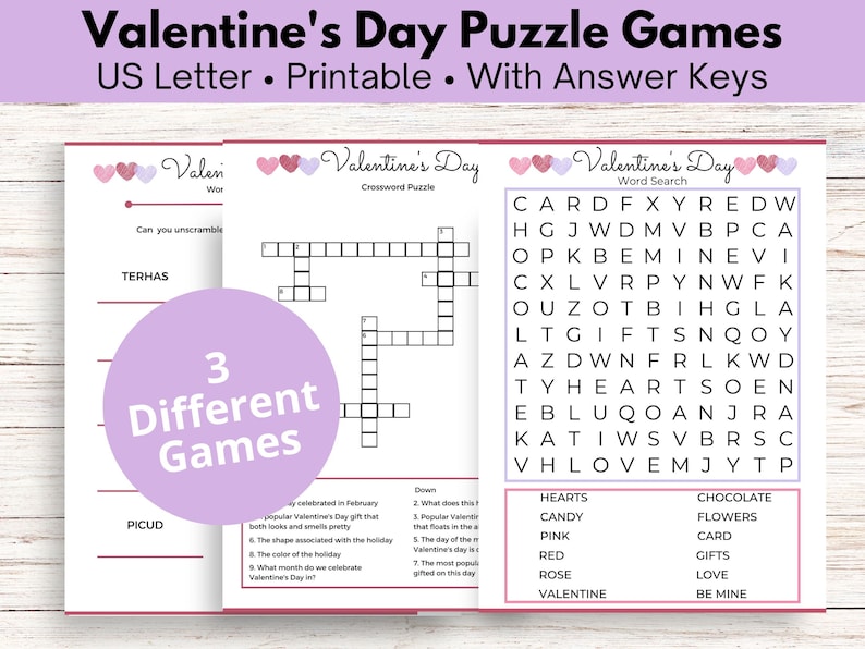 Valentine's Day Puzzle Game Bundle | Word Search, Crossword Puzzle, and ...