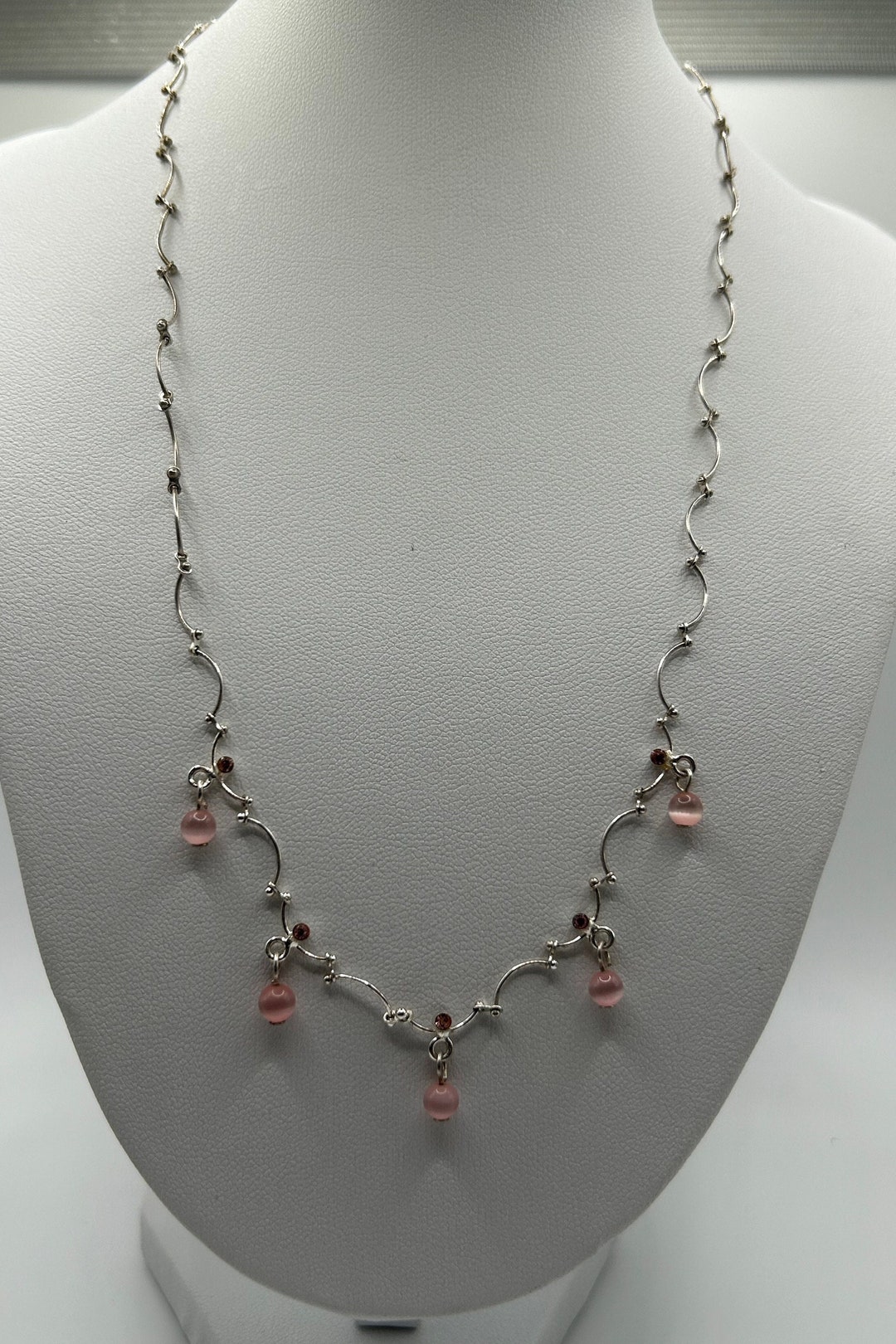 Twisted Silver Chain With Rose Quartz Beads and Pink Rhinestones ...