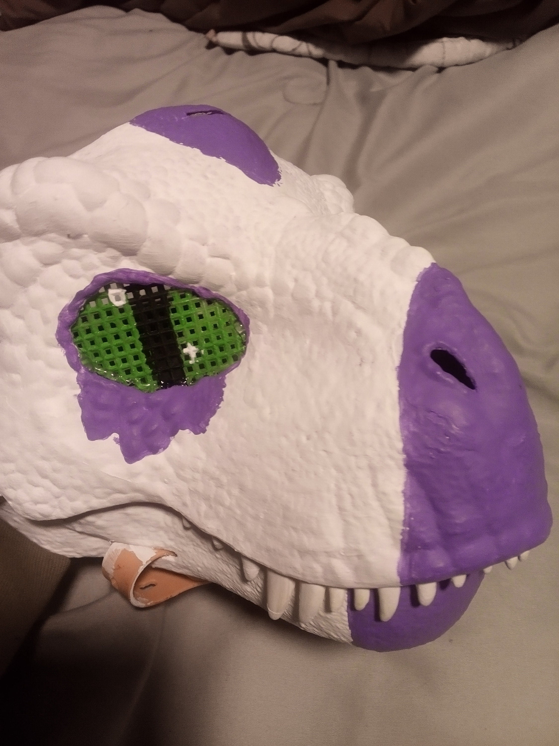 A White and Light Purple T-rex Dino Mask With Green Eyes. - Etsy