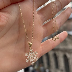 14k Solid Gold Snowflake Christmas Necklace, Gold Sparkly Necklace ...
