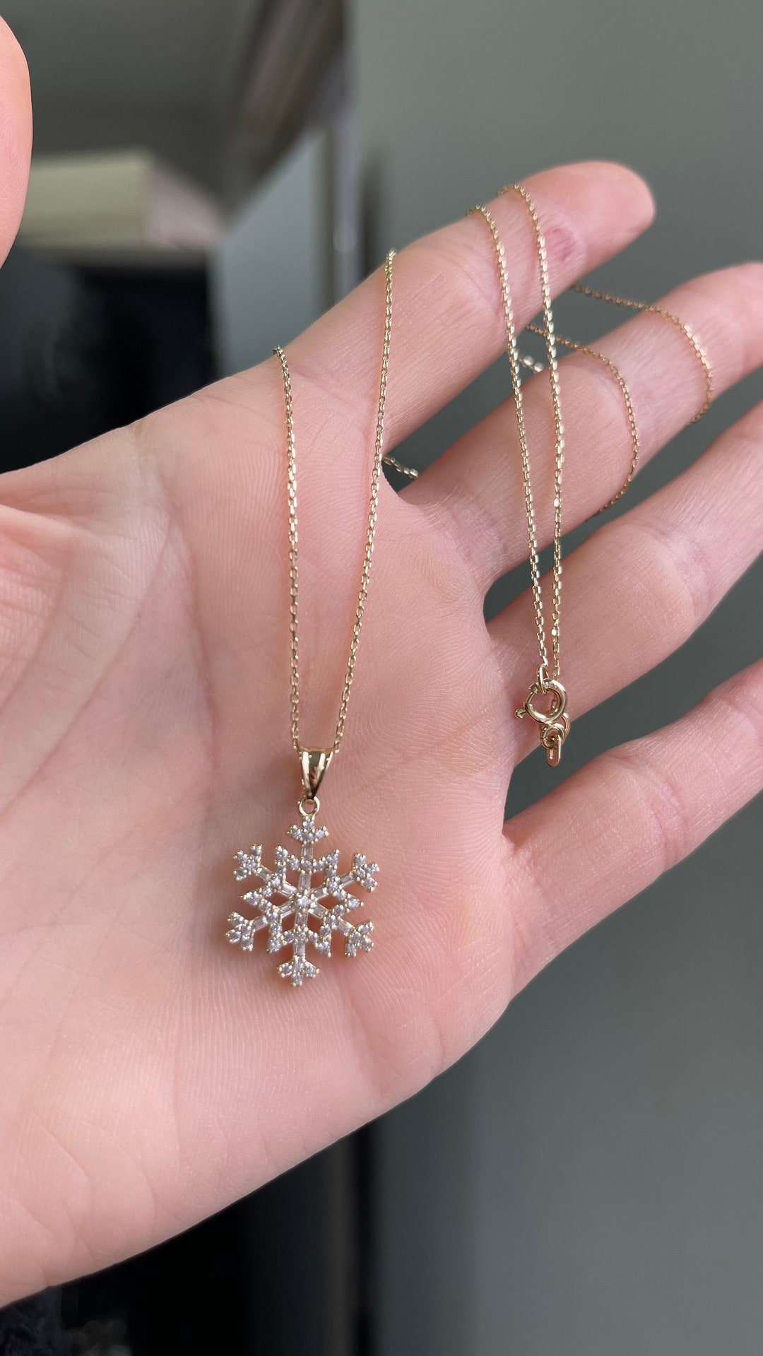 14k Solid Gold Snowflake Christmas Necklace, Gold Sparkly Necklace ...