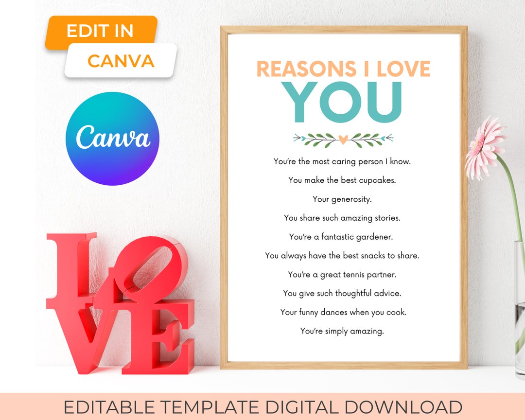10 Reasons I Love You Editable Template, Paper 1st Anniversary Gift for ...