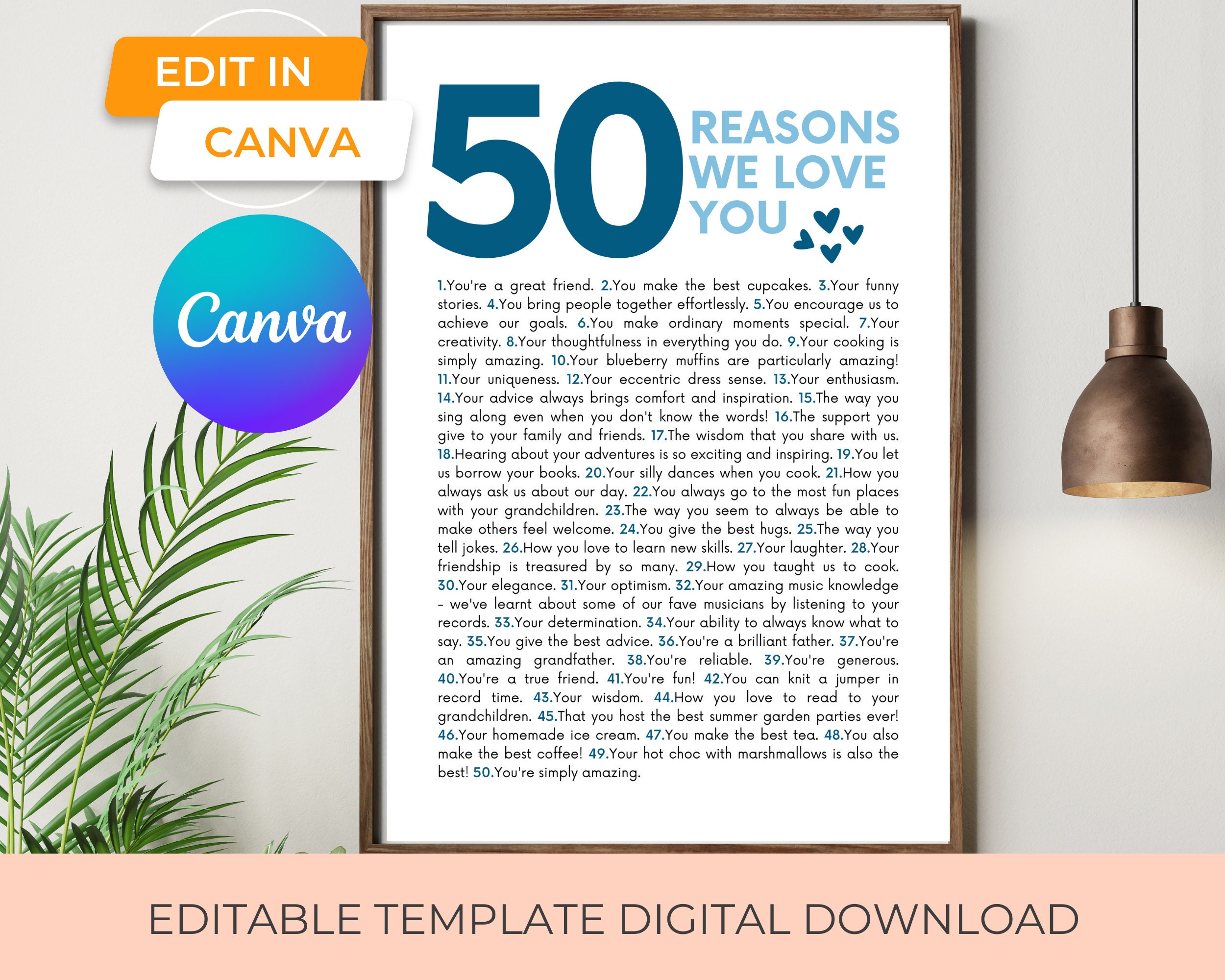 50 Reasons We Love You Canva Template Printable Wall Art, 50 Things We ...